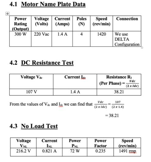Solved 4.1 Motor Name Plate Data Power Rating (Output) 300 W | Chegg.com