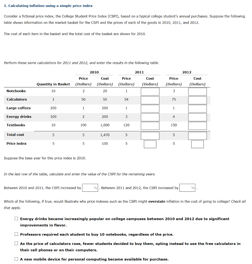 Solved 1. Calculating inflation using a simple price index | Chegg.com