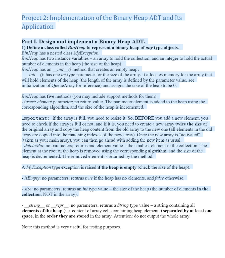 Solved Project 2: Implementation of the Binary Heap ADT and | Chegg.com