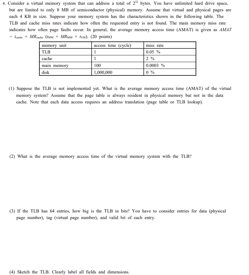 Solved 4. Consider a virtual memory system that can address | Chegg.com