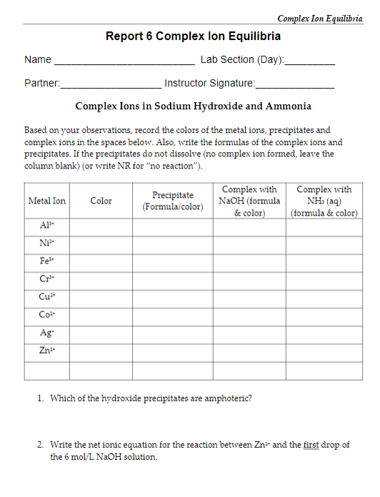 Solved Complex Ion Equilibria Report 6 Complex lon | Chegg.com