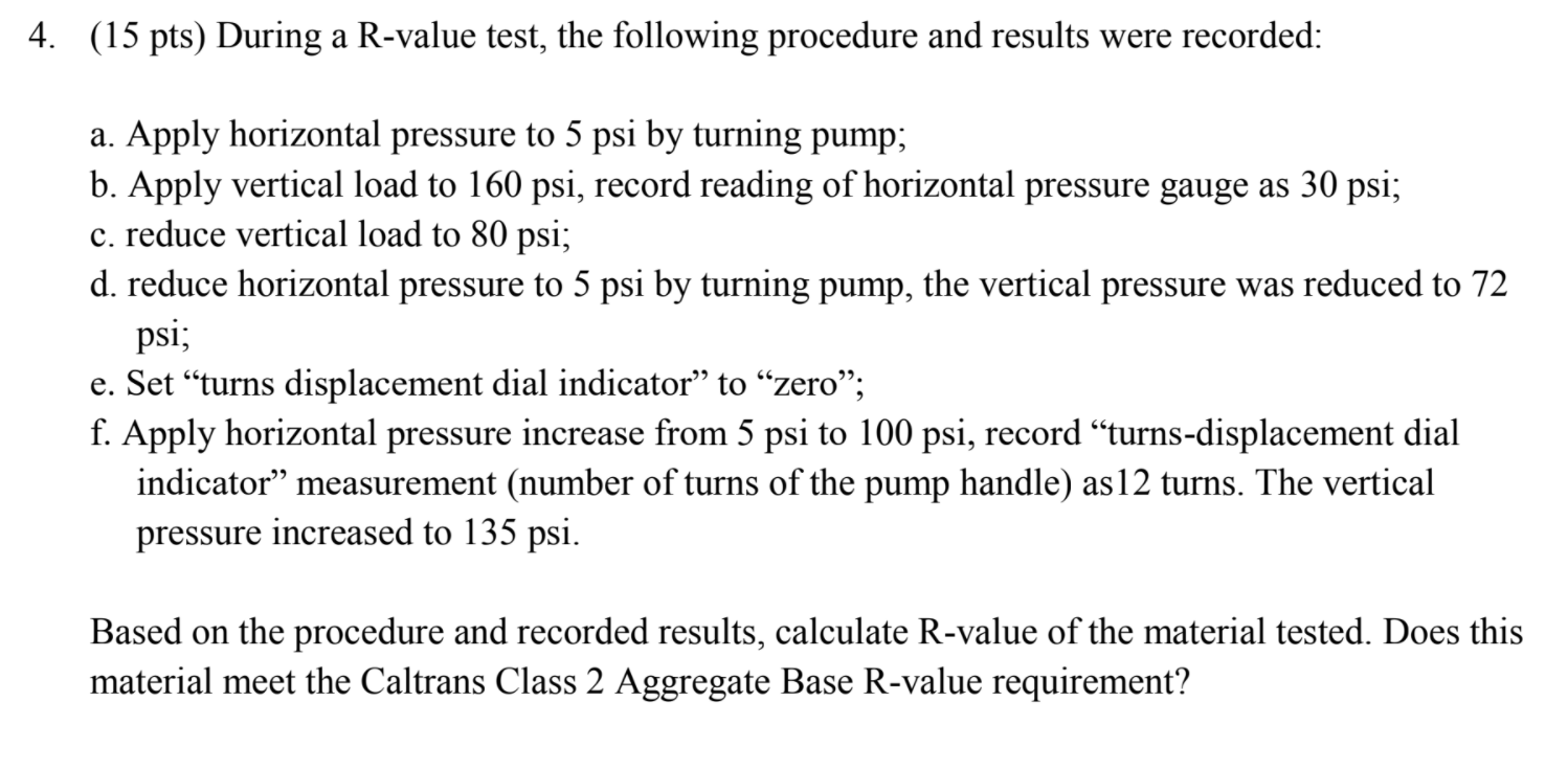 Solved 4. (15 pts) During a R-value test, the following | Chegg.com