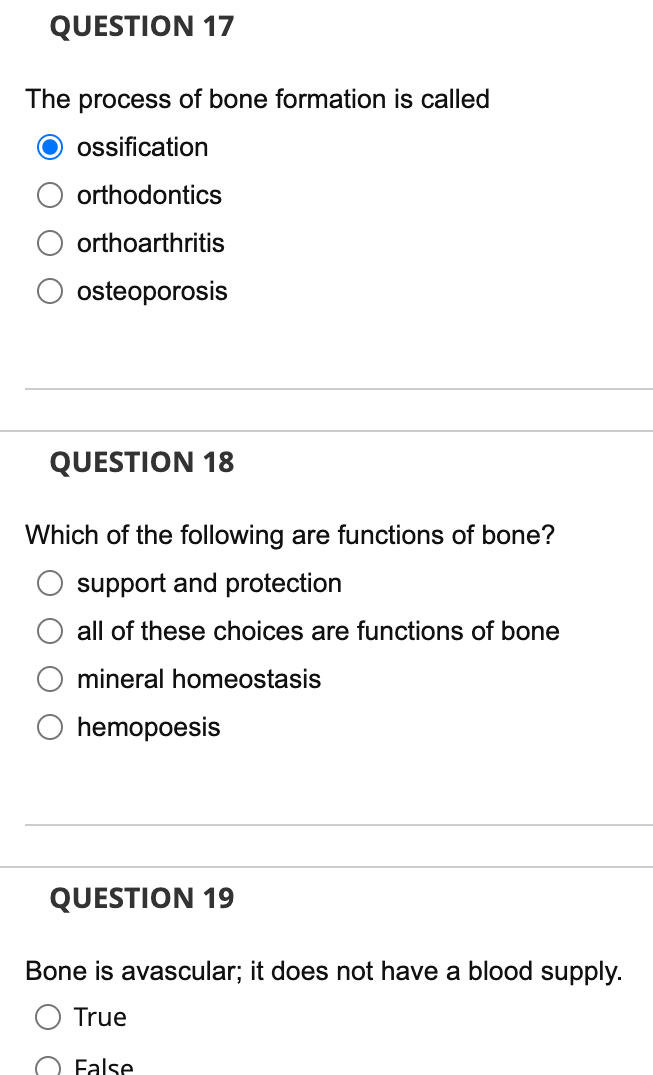 Solved QUESTION 17 The process of bone formation is called | Chegg.com