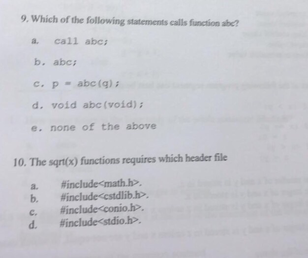 Solved Which of the following statements calls function abc? | Chegg.com