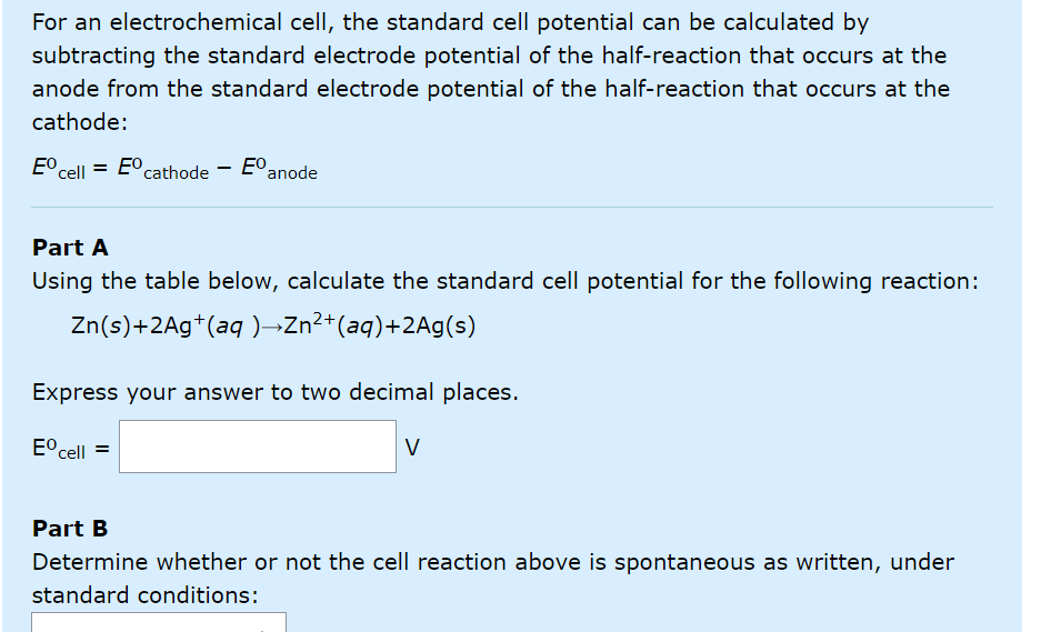 Solved For an electrochemical cell, the standard cell | Chegg.com