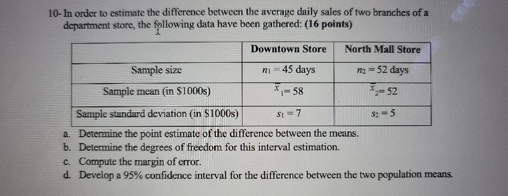 Solved 10- In order to estimate the difference between the | Chegg.com