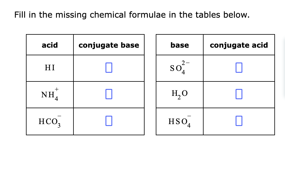 Solved Fill in the missing chemical formulae in the tables | Chegg.com