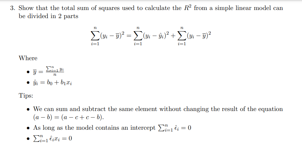 Solved 3. Show that the total sum of squares used to | Chegg.com