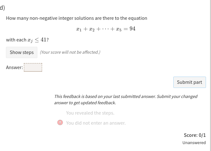 Solved d) How many non-negative integer solutions are there | Chegg.com