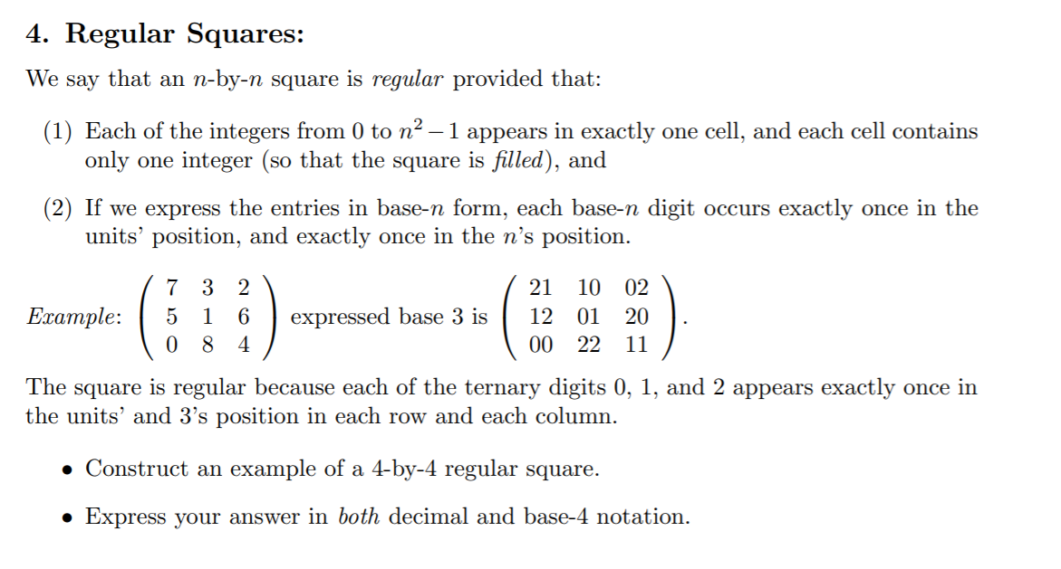 Solved 4. Regular Squares: We say that an n-by-n square is | Chegg.com