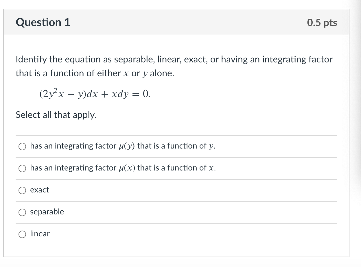 Solved Question 1 0.5 pts Identify the equation as | Chegg.com
