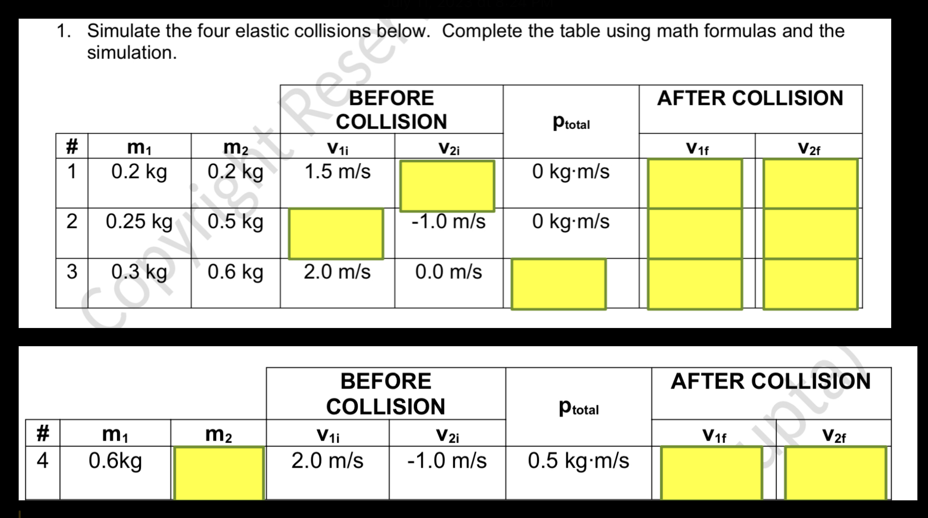 Solved 1. Simulate the four elastic collisions below. | Chegg.com