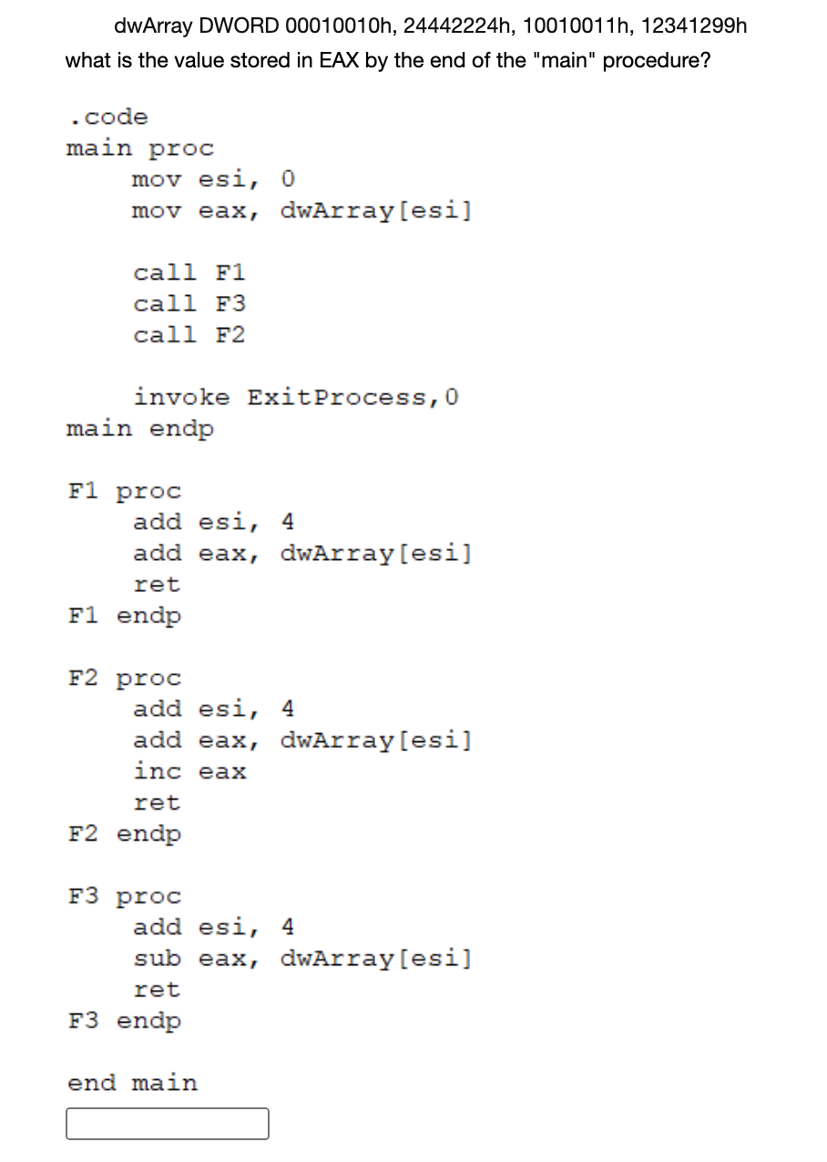 Solved dwArray DWORD 00010010h, 24442224h, 100100119, | Chegg.com
