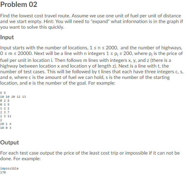 Problem 02 Find the lowest cost travel route. Assume | Chegg.com