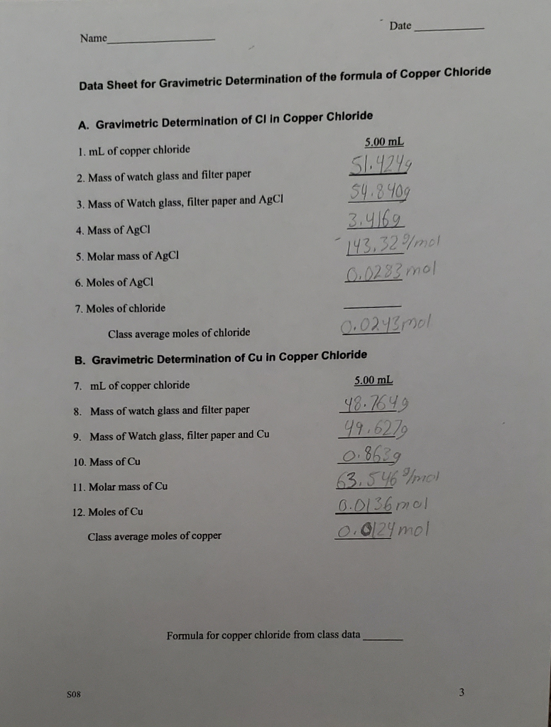 Solved Date Name Data Sheet for Gravimetric Determination of | Chegg.com