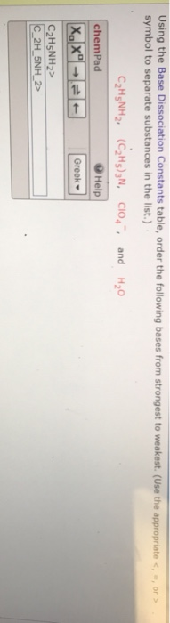 Solved Using the Base Dissociation Constants table, order | Chegg.com