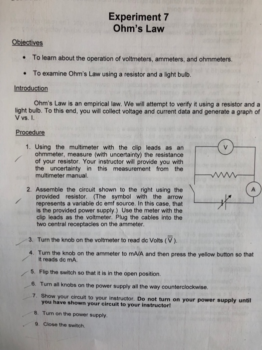 Solved Experiment 7 Ohm's Law To learn about the operation | Chegg.com