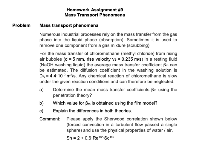 Solved Problem Homework Assignment #9 Mass Transport | Chegg.com