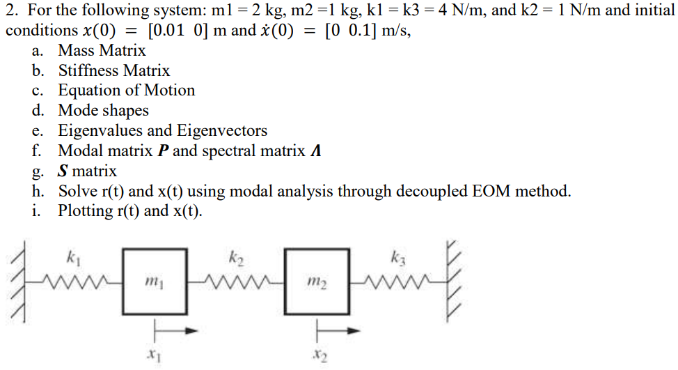 Solved = = 2. For the following system: ml = 2 kg, m2 =1 kg, | Chegg.com