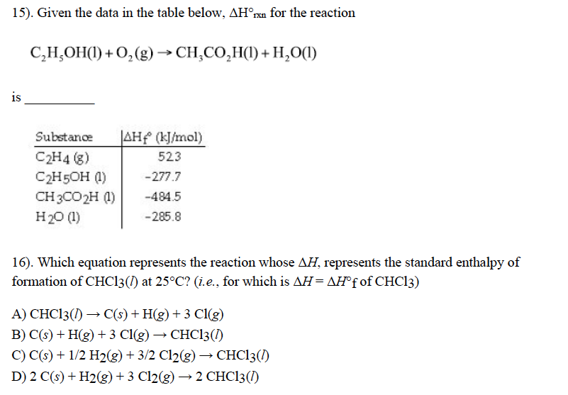 Solved 15). Given the data in the table below, AH’rxn for | Chegg.com