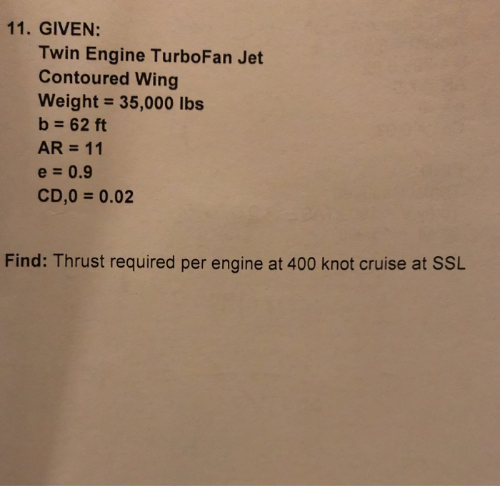 Solved 11. GIVEN: Twin Engine TurboFan Jet Contoured Wing | Chegg.com