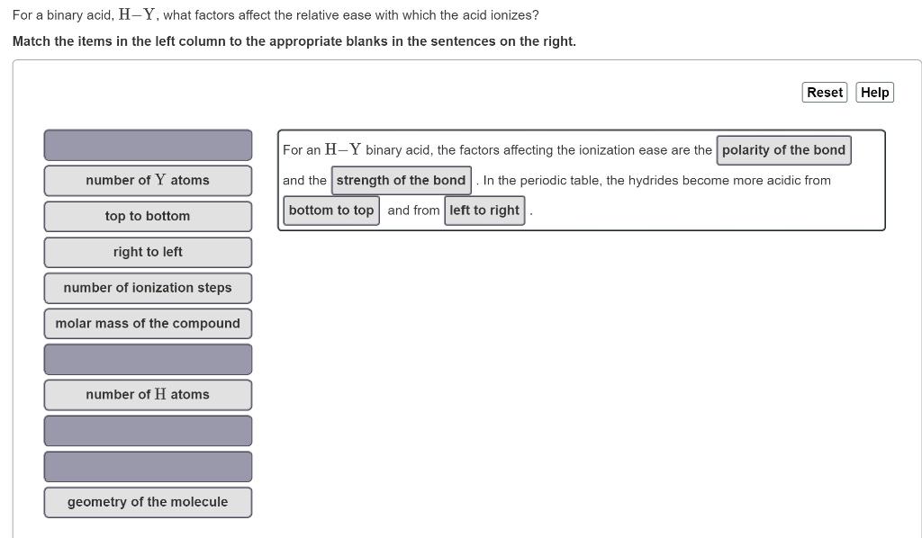 Solved For a binary acid, H−Y, what factors affect the | Chegg.com