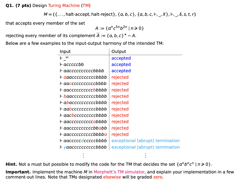 Solved Q1. (7 pts) Design Turing Machine (TM) M=({…, | Chegg.com
