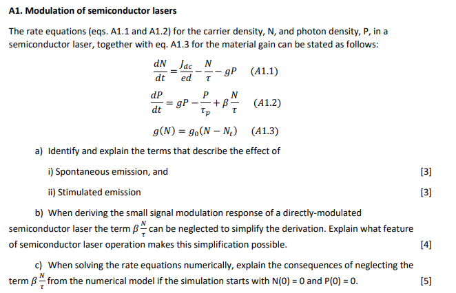 Solved A1. Modulation of semiconductor lasers The rate | Chegg.com