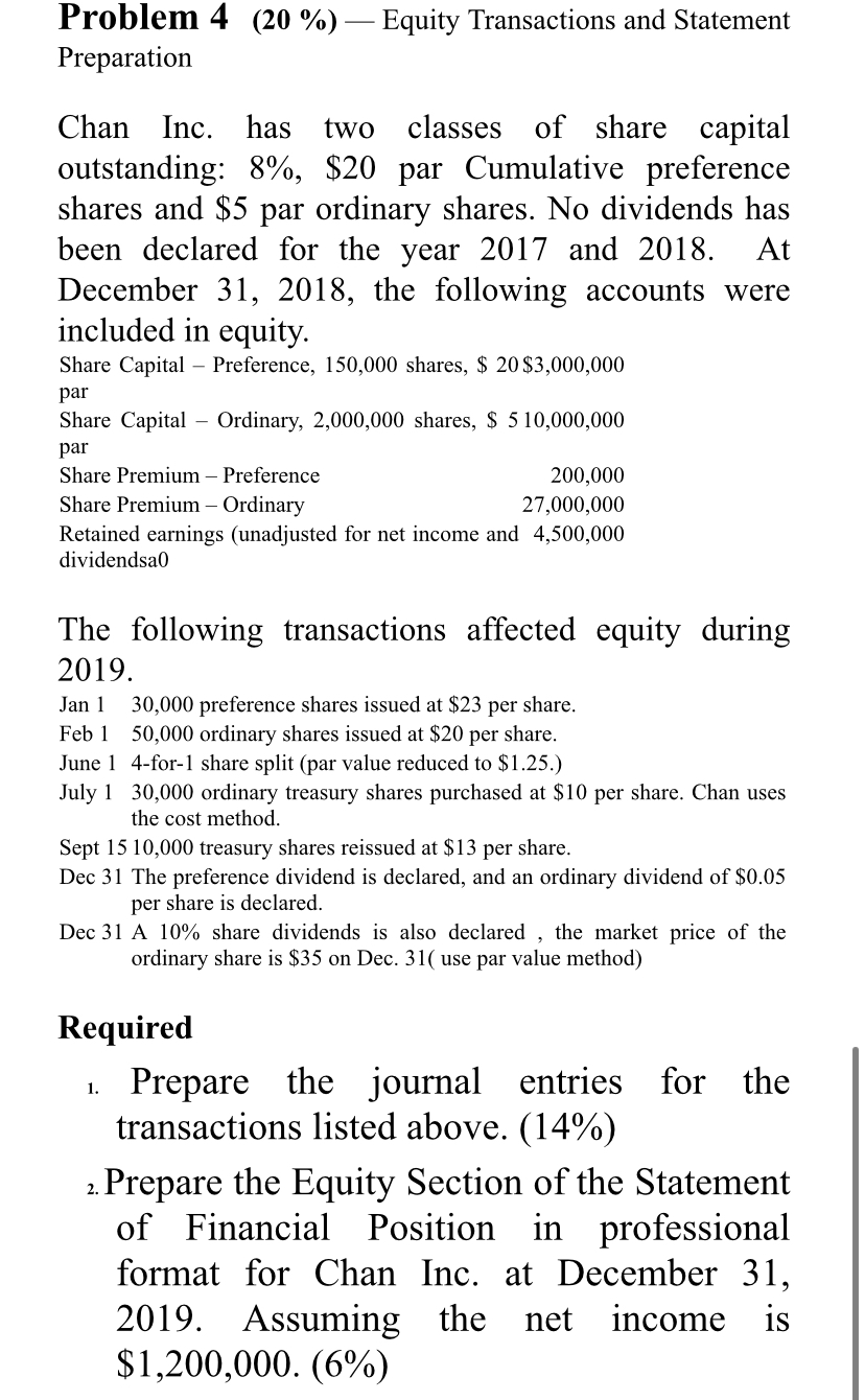 Solved Problem 4 (20%) — Equity Transactions and Statement | Chegg.com