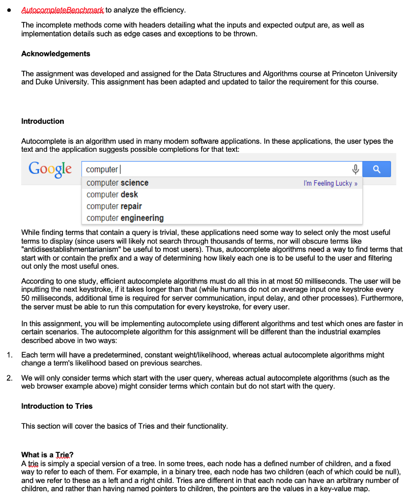 Programming Project: Autocomplete Overview In this | Chegg.com