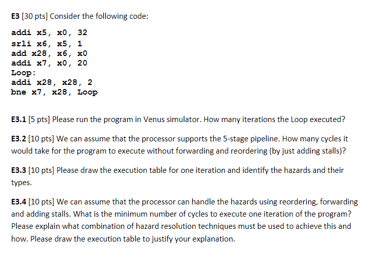 Solved E3 [30 pts] Consider the following code: addi | Chegg.com
