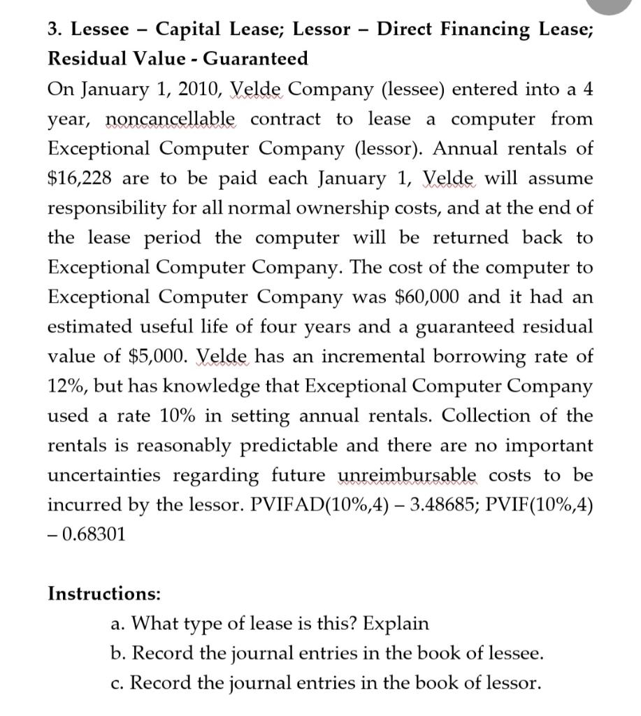 3. Lessee - Capital Lease; Lessor - Direct Financing | Chegg.com