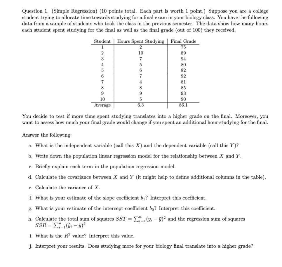 Solved Question 1. (Simple Regression) (10 points total. | Chegg.com