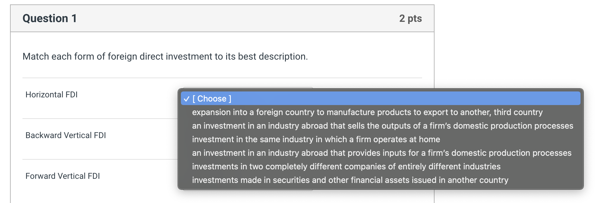 Match each form of foreign direct investment to its | Chegg.com