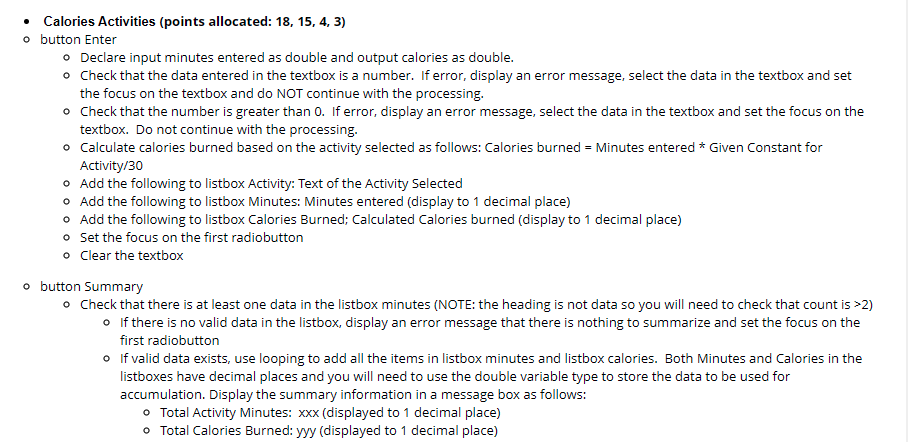 Solved Calories Activities (points allocated: 18, 15, 4, 3) | Chegg.com