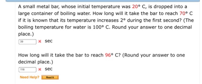 Solved A small metal bar, whose initial temperature was 20 | Chegg.com
