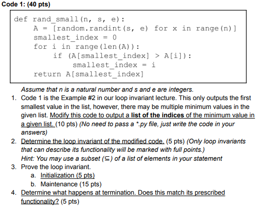 Solved Code 1: (40 pts) def rand small(n, S, e): A = | Chegg.com