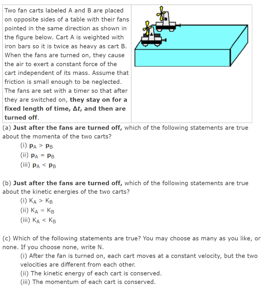 Solved Two fan carts labeled A and B are placed on opposite | Chegg.com