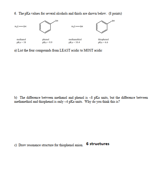 Solved 6. The pKa values for several alcohols and thiols are | Chegg.com