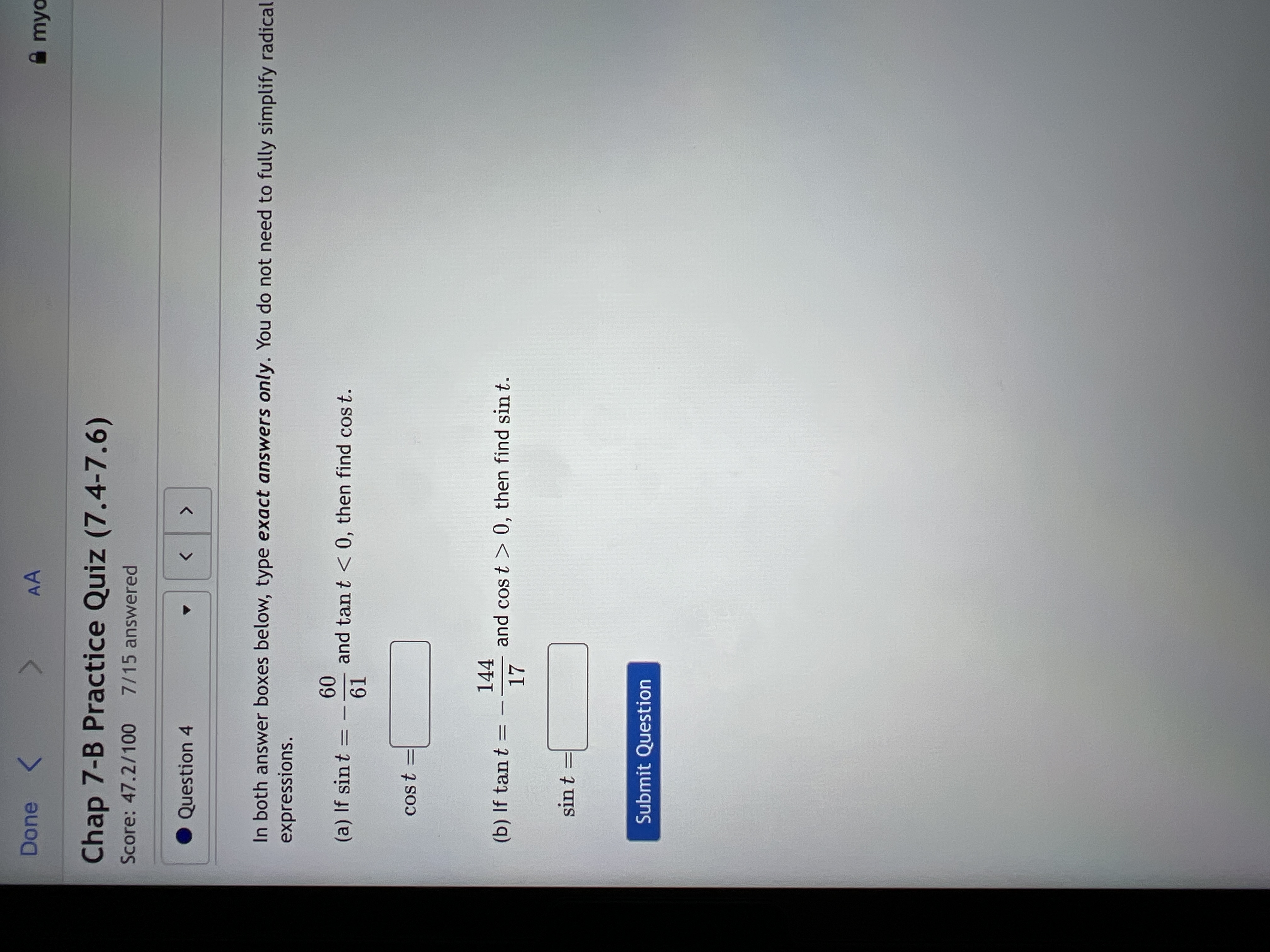 Solved In both answer boxes below, type exact answers only. | Chegg.com