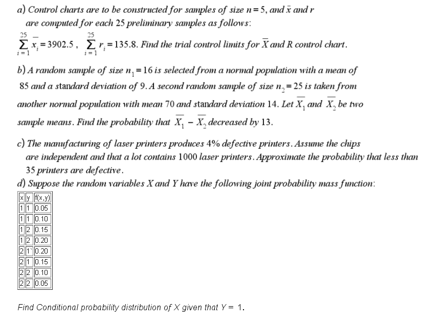 Solved a) Control charts are to be constructed for samples | Chegg.com