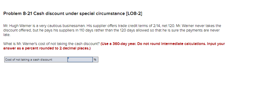 Solved Problem 8-21 Cash discount under special circumstance | Chegg.com