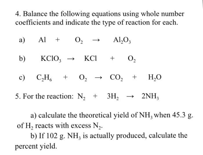 Solved 4. Balance the following equations using whole number | Chegg.com