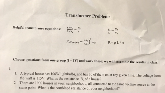 Solved Transformer Problems Helpful transformer equations:E | Chegg.com