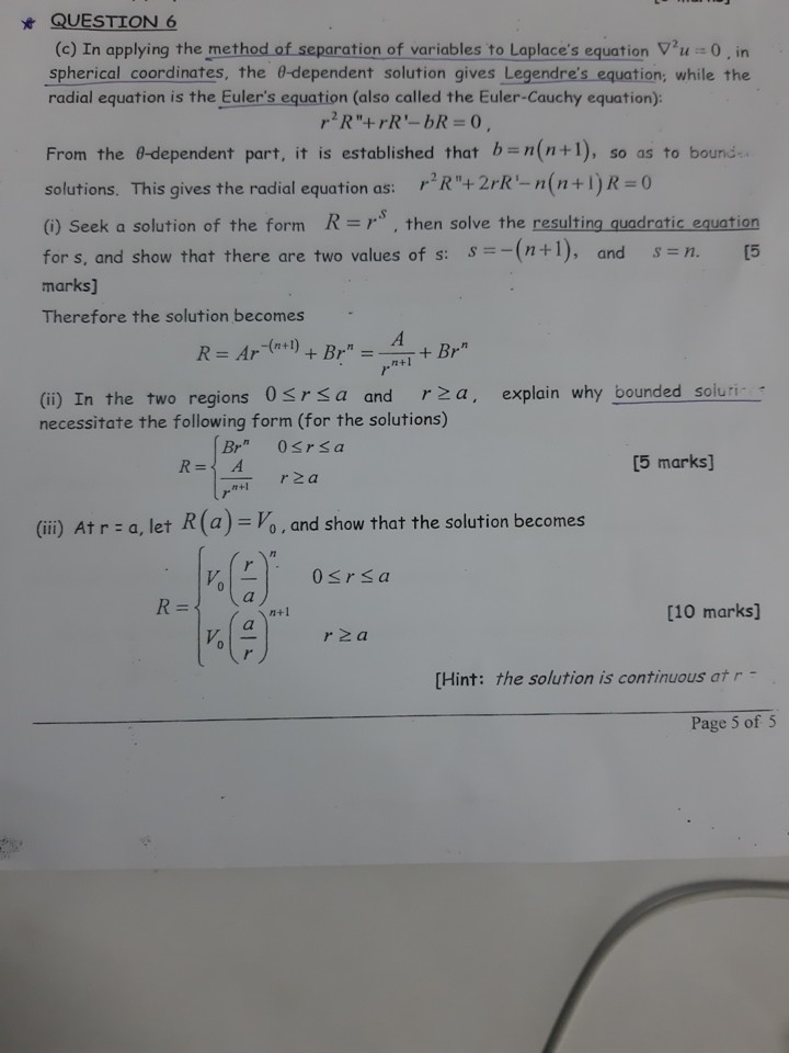 Solved * QUESTION 6 (c) In applying the method of separation | Chegg.com