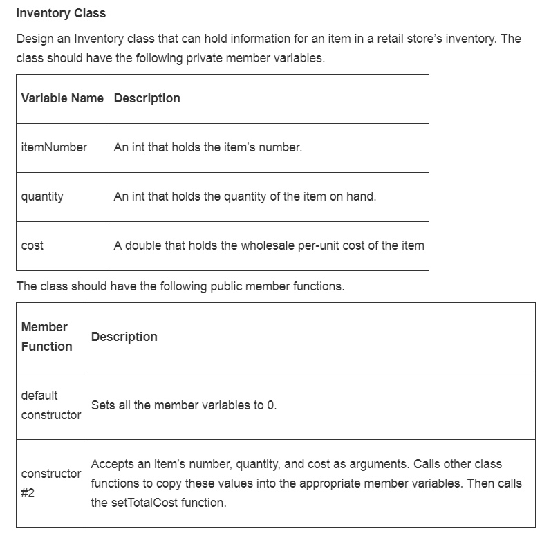 Solved C++ Inventory Class. Design an Inventory class. | Chegg.com