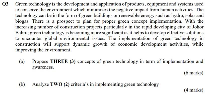 Solved Q3 Green technology is the development and | Chegg.com
