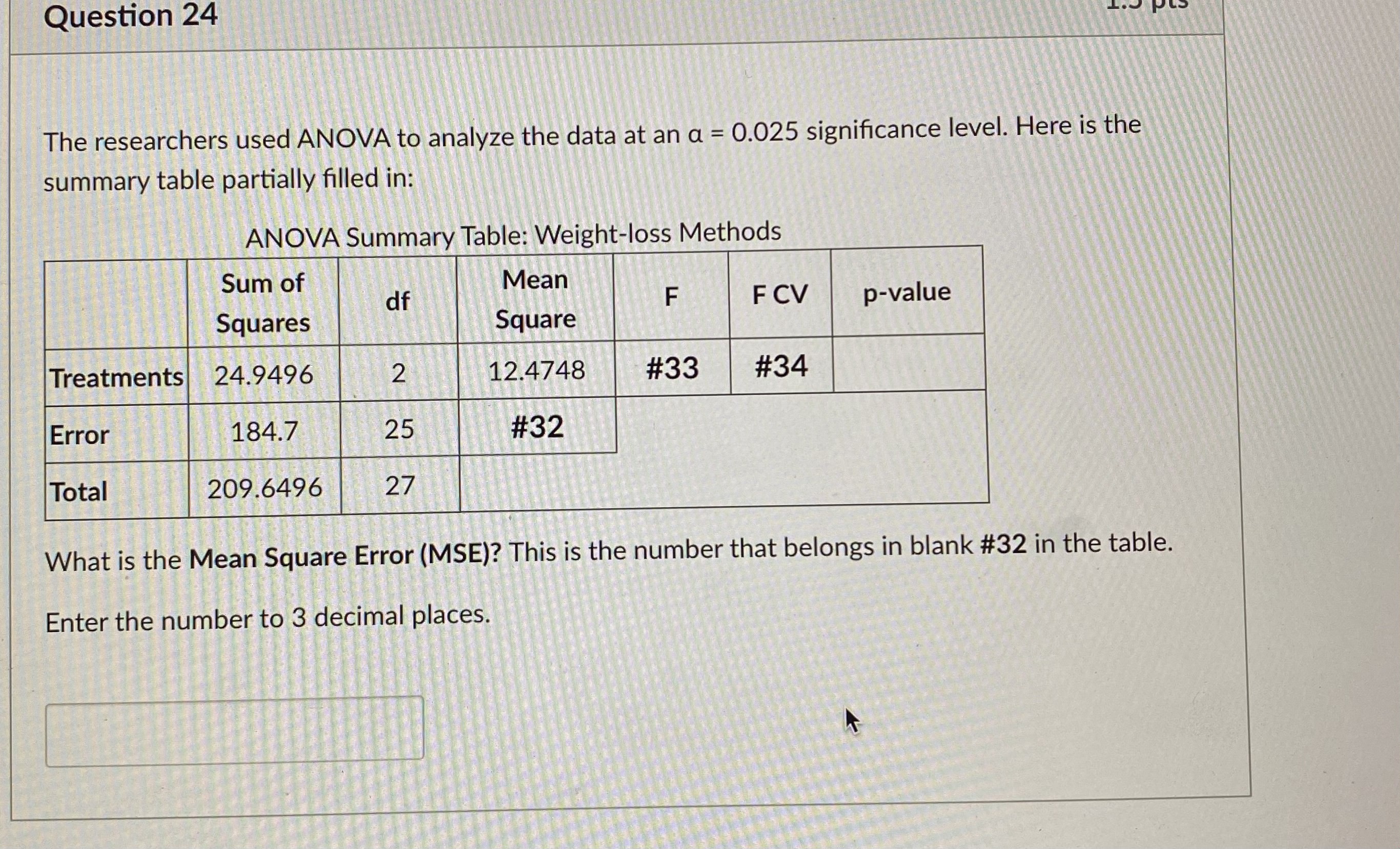The researchers used ANOVA to analyze the data at an | Chegg.com