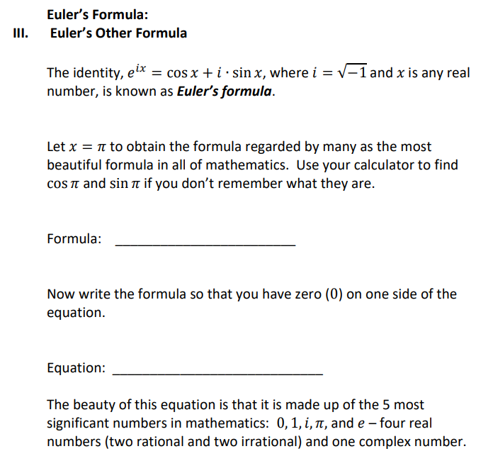 Solved Euler's Formula: Euler's Other Formula III. The | Chegg.com