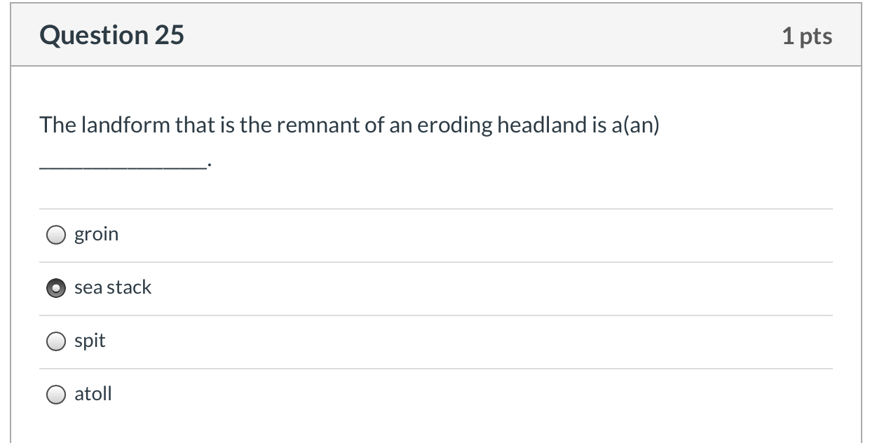 Solved Question 25 1 pts The landform that is the remnant of | Chegg.com